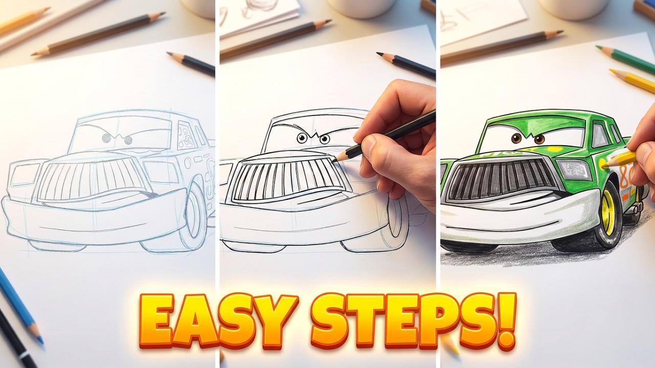 How to Draw CHICK HICKS from CARS / Easy Drawing for Kids - Step by ...