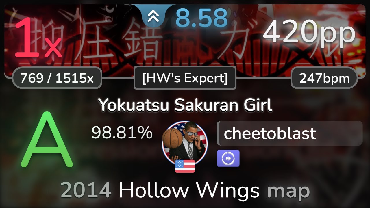 cheetoblast | otetsu - Yokuatsu Sakuran Girl [HW's Expert] +DT 98.81% | 420pp 1 - osu! - YouTube
