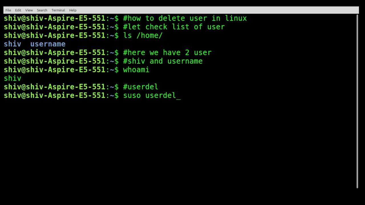 Delete user in #LINUX using #userdel command - YouTube