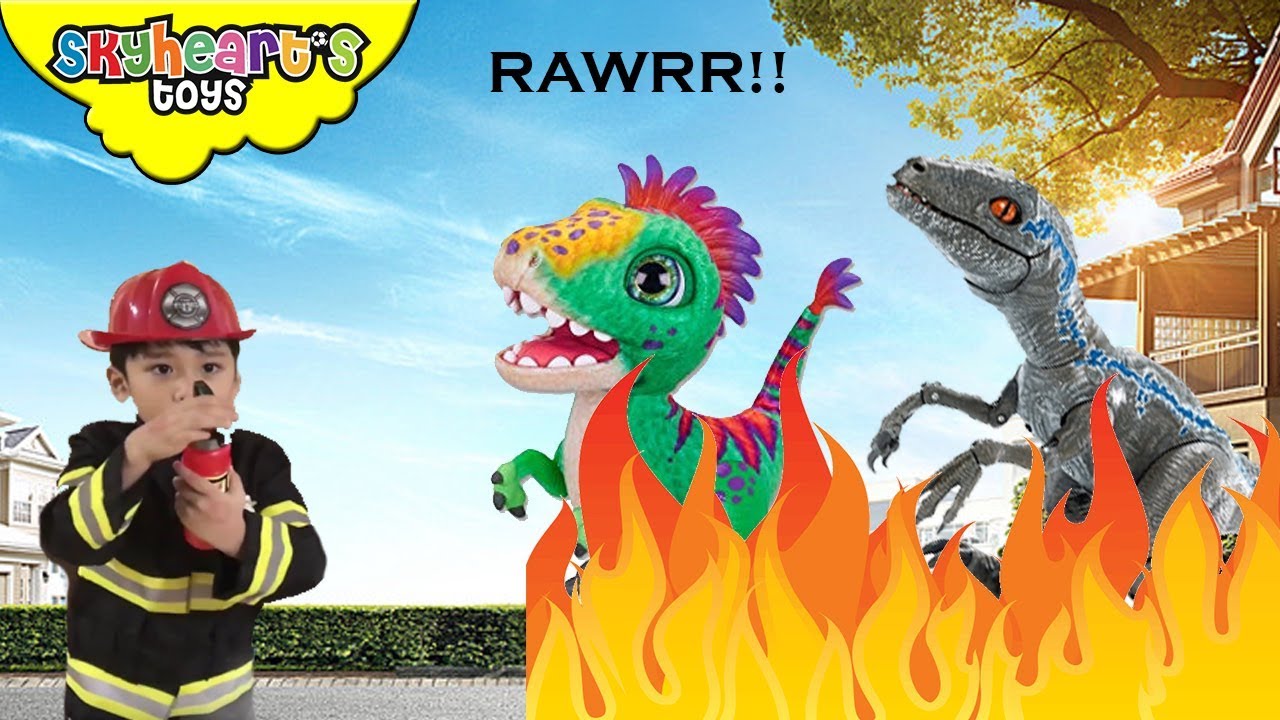 Fireman Skyheart saves Dinosaurs! Furreal and Alpha Raptor Blue Dino ...