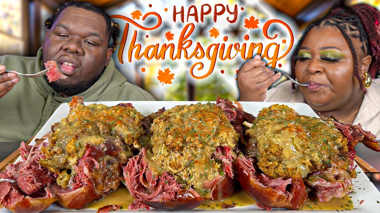 HAPPY THANKSGIVING!!! STUFFED TURKEY LEGS SOUL FOOD MUKBANG | EATING ...