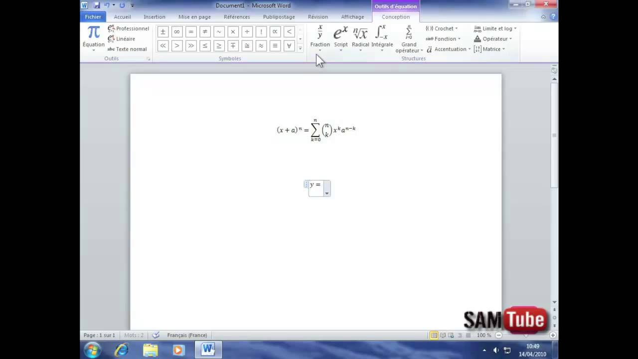 apprendre word 2010 - (69) Insérer une équation - YouTube