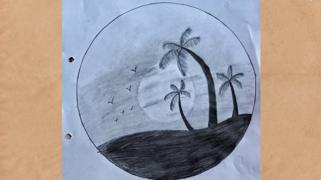 beautiful nature drawing||how to draw sunset drawing with coconut tree ...