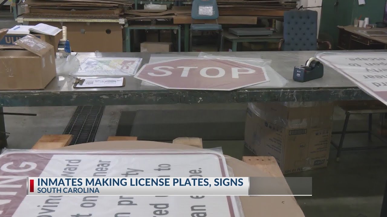 Inmates making license plates and signs in South Carolina - YouTube