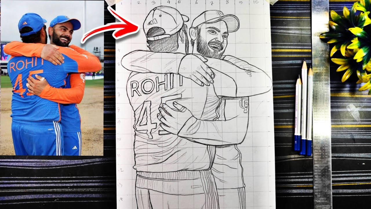 Rohit Sharma and Virat Kohli Hug Drawing Outline ️, How to draw Virat ...