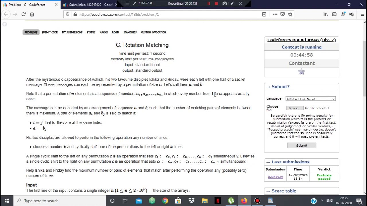 Codeforces Round 648 Div2 C Rotation Matching Youtube