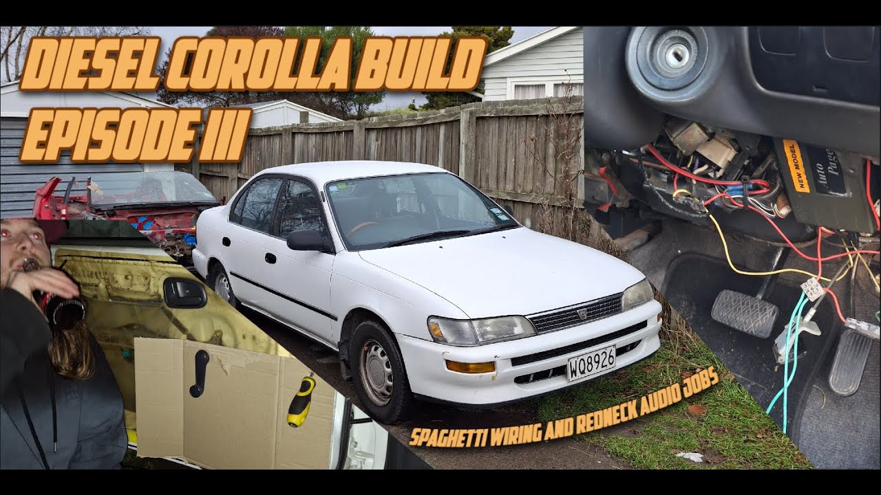 Diesel Corolla build Ep 3 - Spaghetti wiring and redneck audio - YouTube