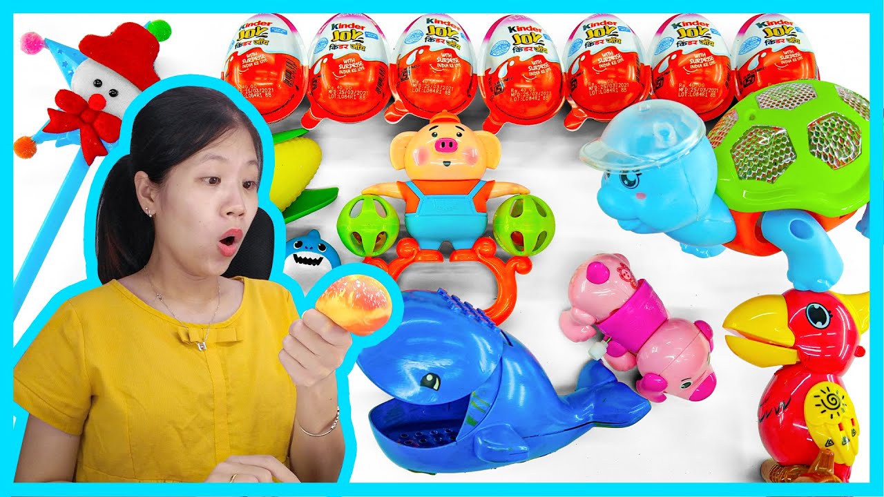 Making Satisfying ASMR Sounds from Kinder Joy, Turtle, Pig, Parrot ...