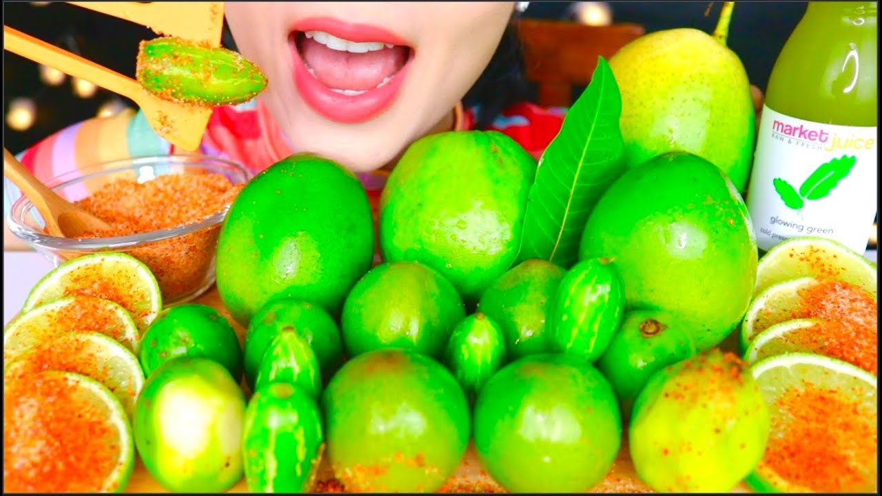 ASMR SOUR FRUITS, HOT SALT, LIME, AMBARELLA, GREEN MANGO, GUAVA, PLUM ...