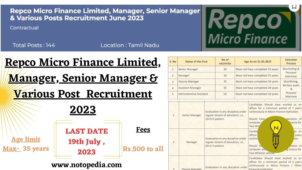 Repco Micro Finance Limited Recruitment 2023, Total Post - 144 - YouTube