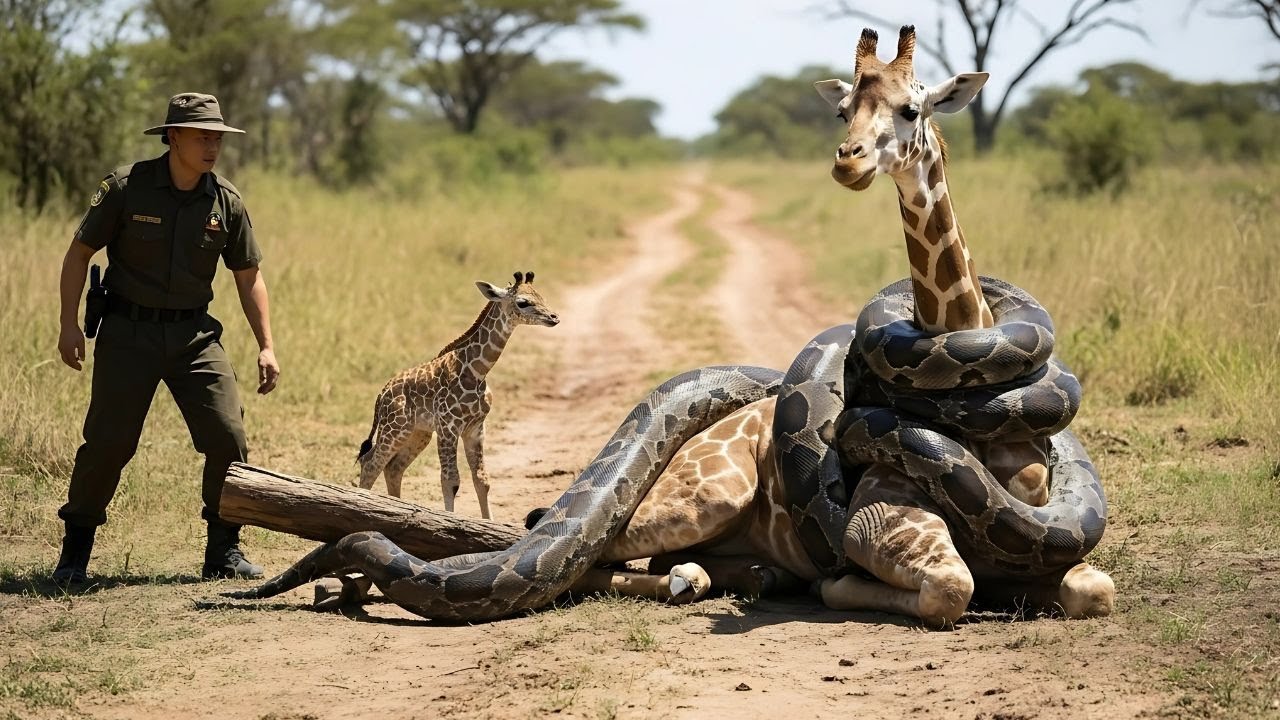 Animal rescue: mother Giraffe attacked by giant python, baby Giraffe calls for rescue - YouTube