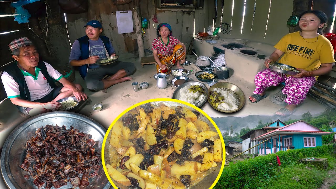 Buff dry meat and potato mix recipe with Rice cooking and eating in ...