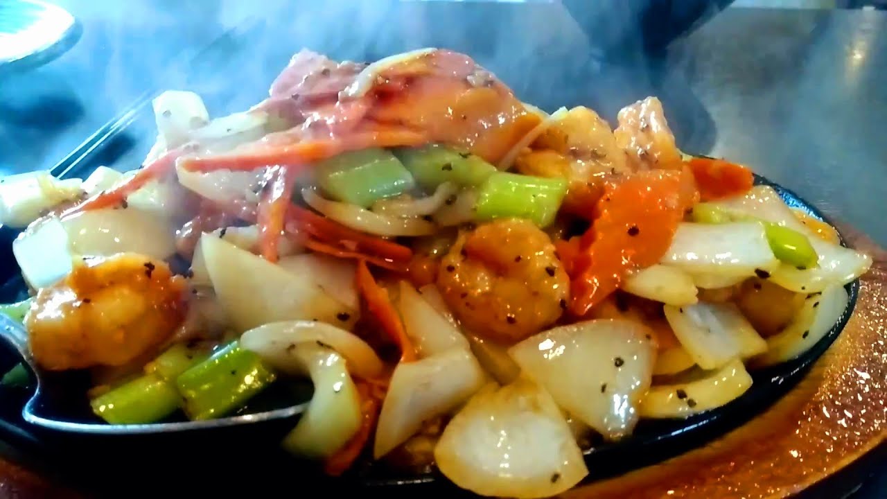 Very delicious pinoy style sizzling gambas in an iron plate - YouTube