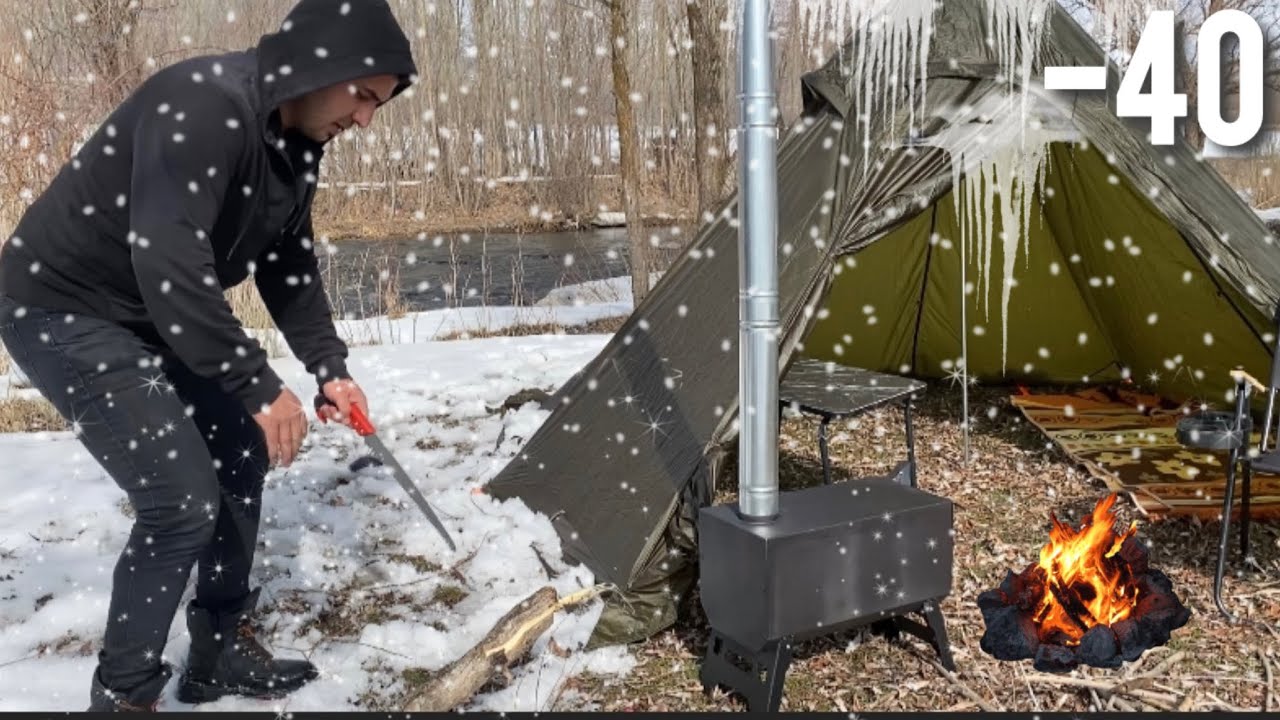 -40 Winter Camping in Snow Storm with Survival Shelter & Bushcraft Cot ...