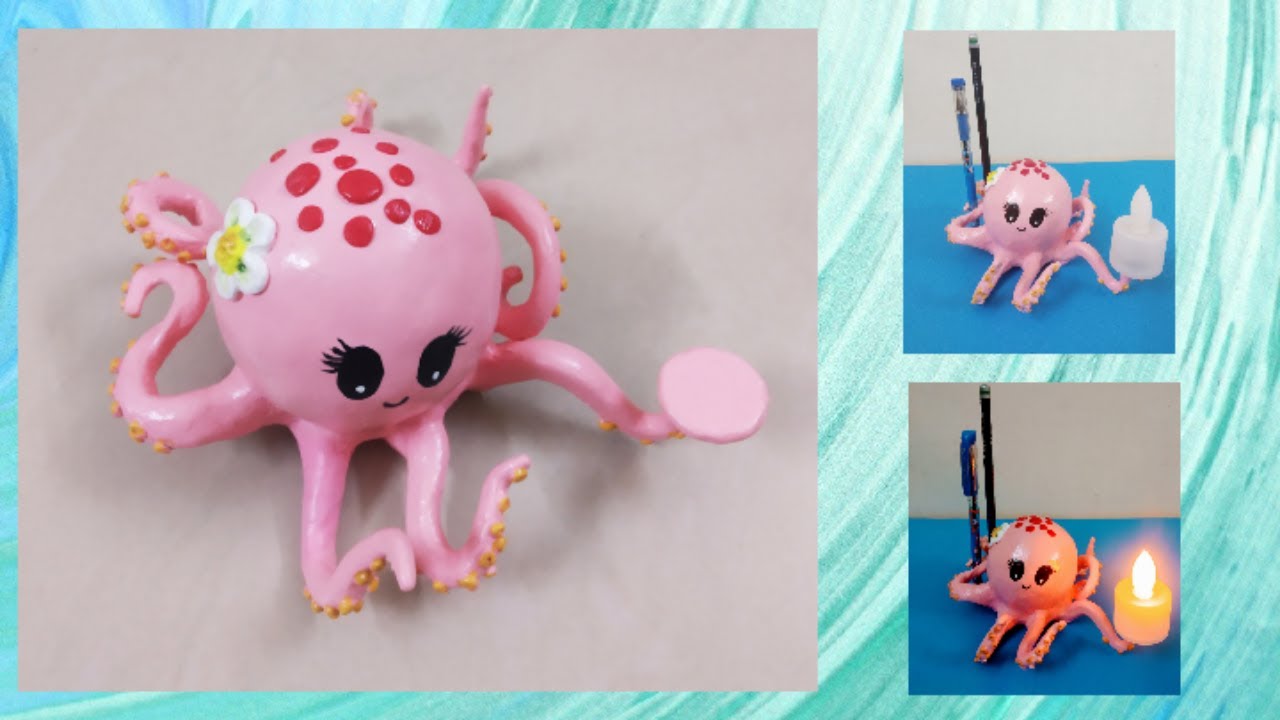 DIY Octopus Pen holder with candle stand/Clay Octopus/Waste material ...