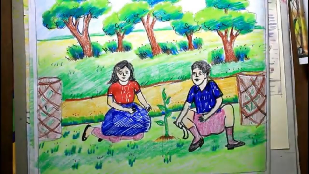 How TO Draw Scenery OF tree Plantation Step By Step....tree plantation ...