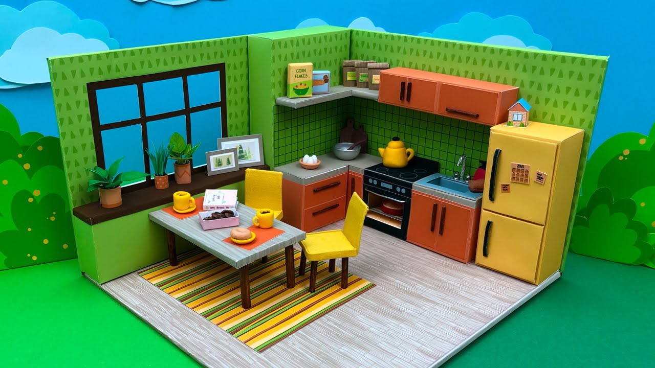 DIY miniature cardboard kitchen - YouTube