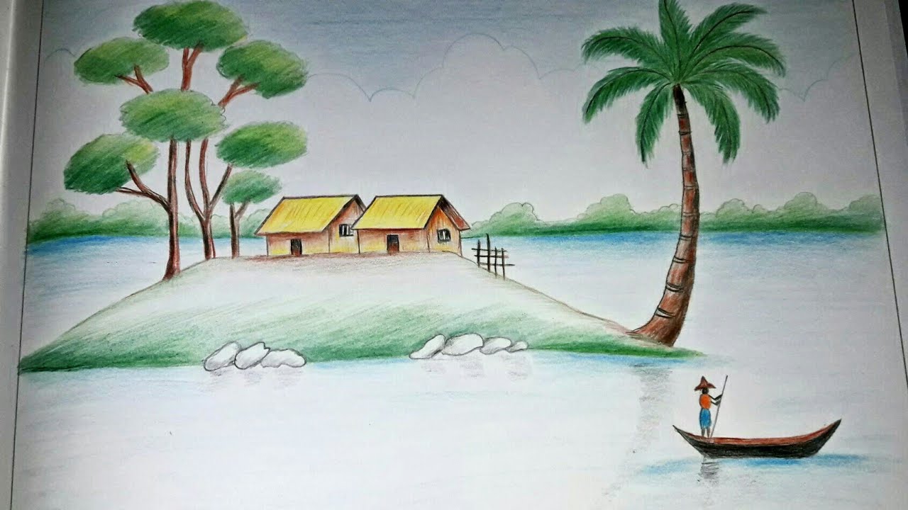 How to draw a river side scenery---- step by step || Nanda drawing ...