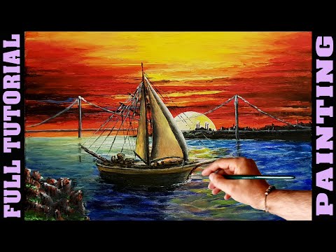 Tuval çalışmaları. Resim yapma videoları. Akrilik Boya Çalışmaları. Resim Çizme. Yelkenli Günbatımı