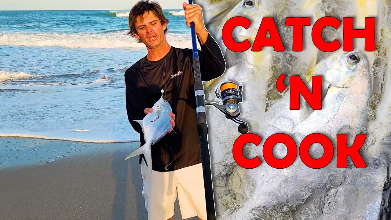 Catching Dinner while Beach Fishing - Pompano Catch 'n Cook - YouTube