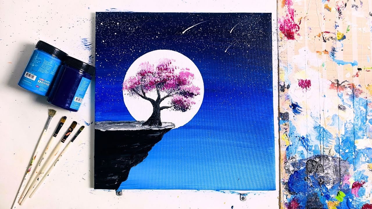 Easy Moonlight night | Acrylic painting for beginners step by step ...