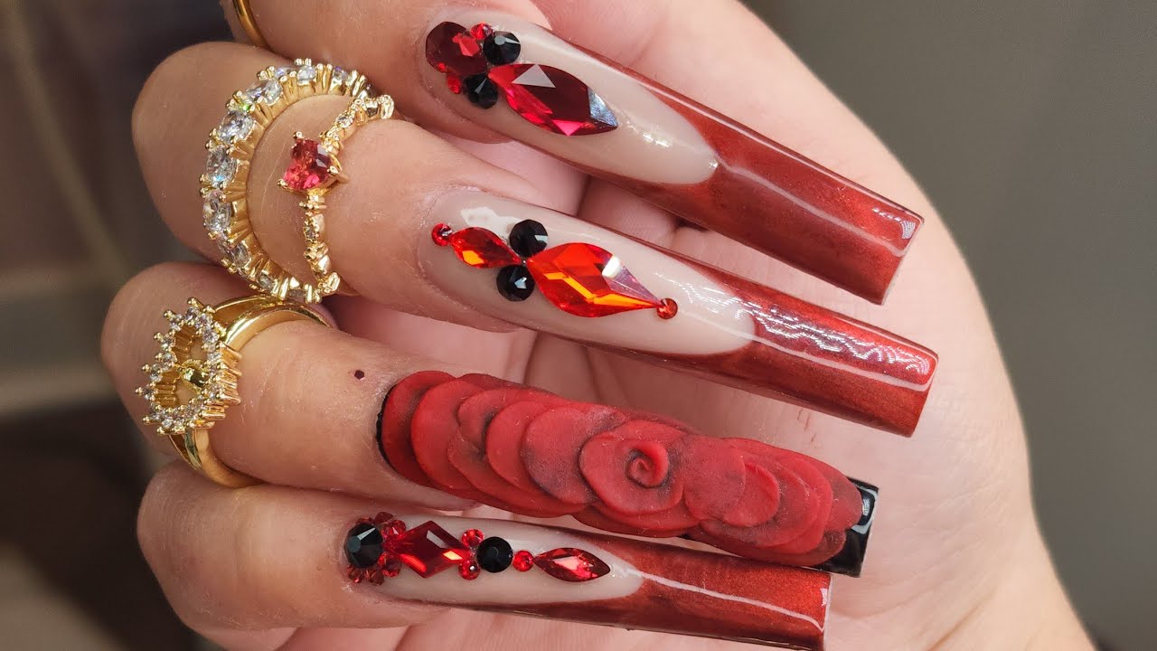 Red Deep French Acrylic Nails | 3d Señora Flor - YouTube