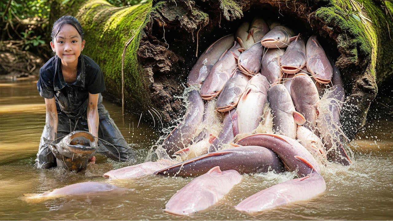 Amazing: How to Harvest Caught GIANT Catfish in Rotten Tree Hole ...