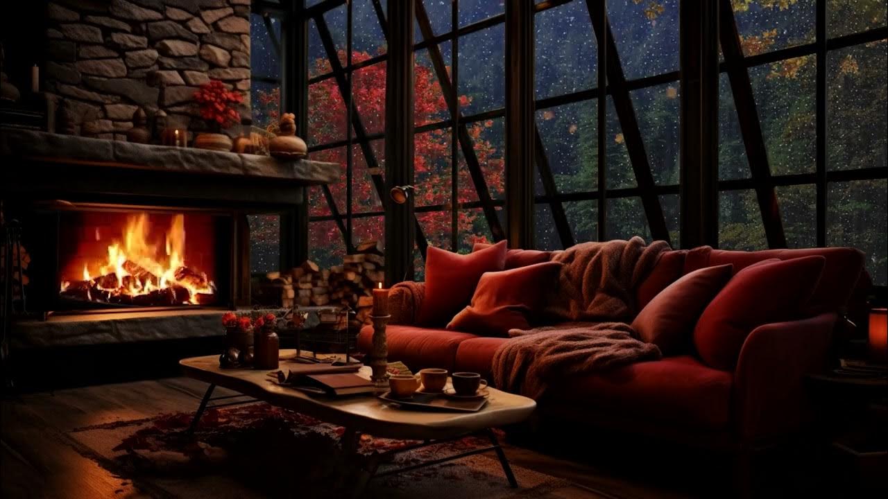 Thunderstorm, Rain & Crackling Fire - Cozy Cabin, Rain Ambience, Autumn Falling Leaves & Deep ...