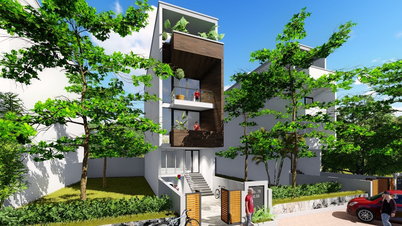 Sketchup 4 stories Narrow House design House size 4,4x16m - YouTube