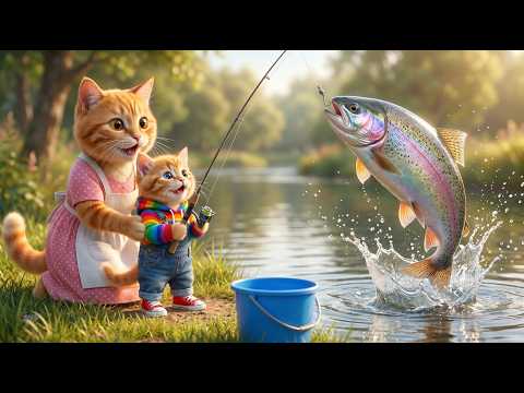 😿🎣 Ginger Kitten Had No Fishing Rod… Mama Cat Built One and Took Him Fishing! 🐱❤️