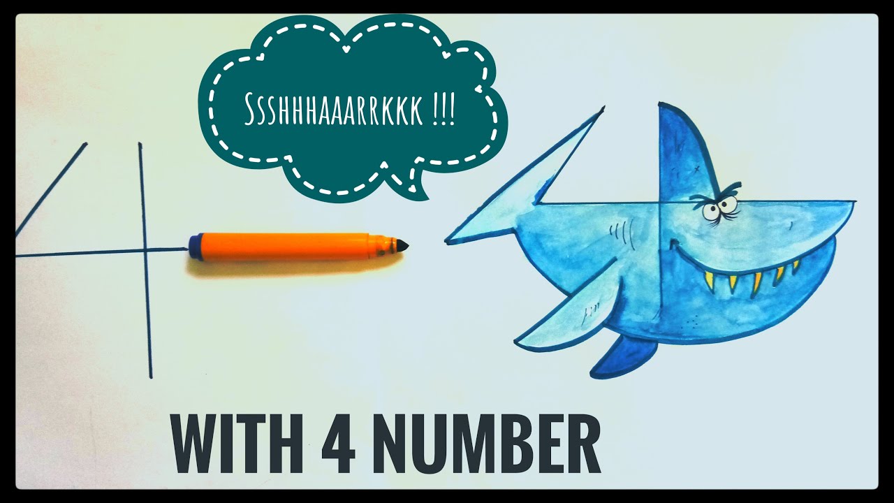 How to draw a shark with 4 | how to draw a fish with 4 number |step by ...