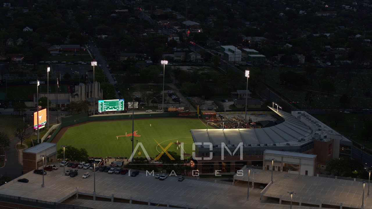 5.7K aerial video of a baseball game at a stadium at the University of ...