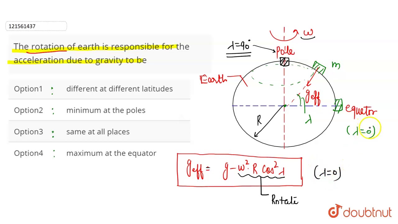 The rotation of earth is responsible for the acceleration due to ...