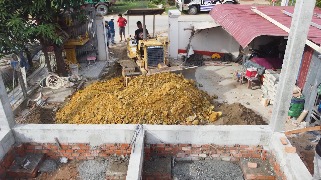 KOMATSU Bulldozer Push Stone Sand To Box & Dump Truck Working Loading ...