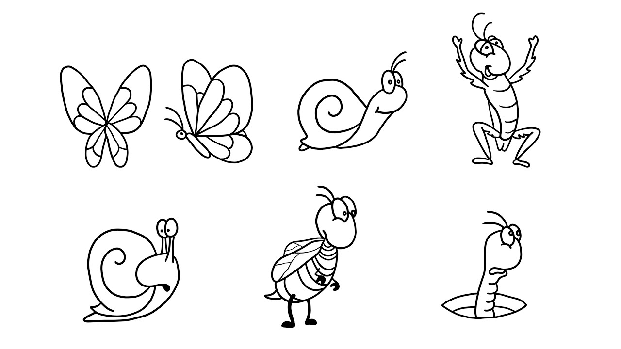 How to draw garden animals, insects drawing | easy snail, butterfly ...