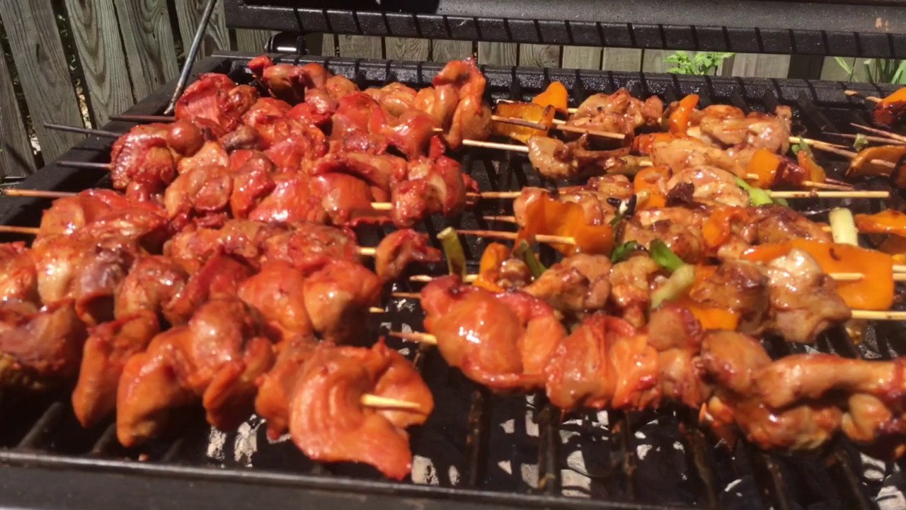 HD sizzling sounds Chicken gizzards with shish kabob - YouTube