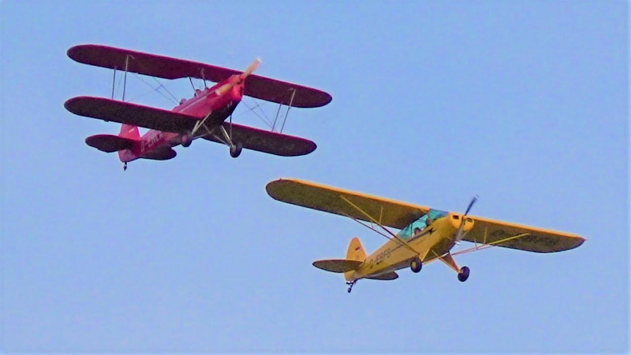 Vintage Biplanes Take Off On Grass and Fly in Formation at Gelnhausen ...