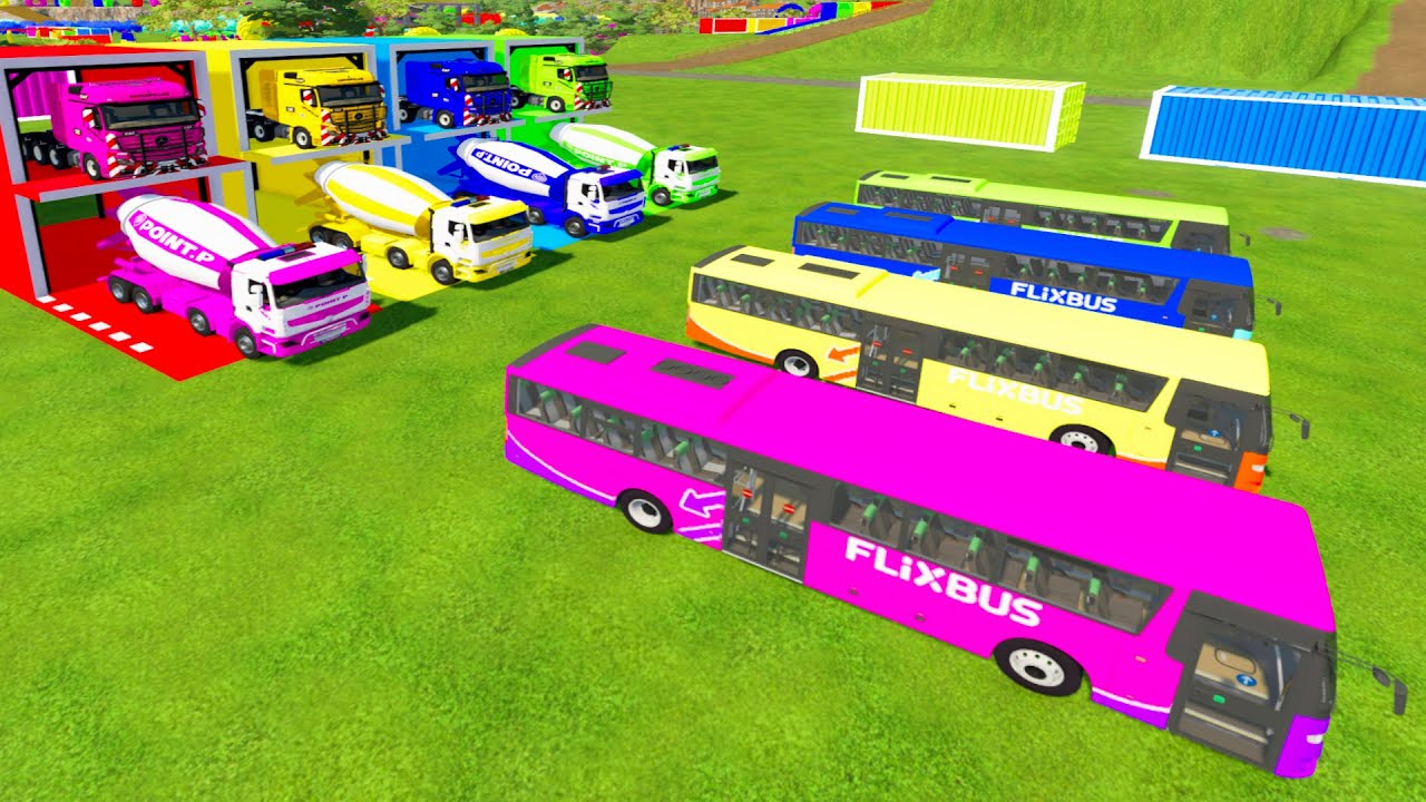 ALL COLORFUL SCANIA FLIXBUS, MIXER CEMENT TRUCK TRANSPORTING TO GARAGE ...