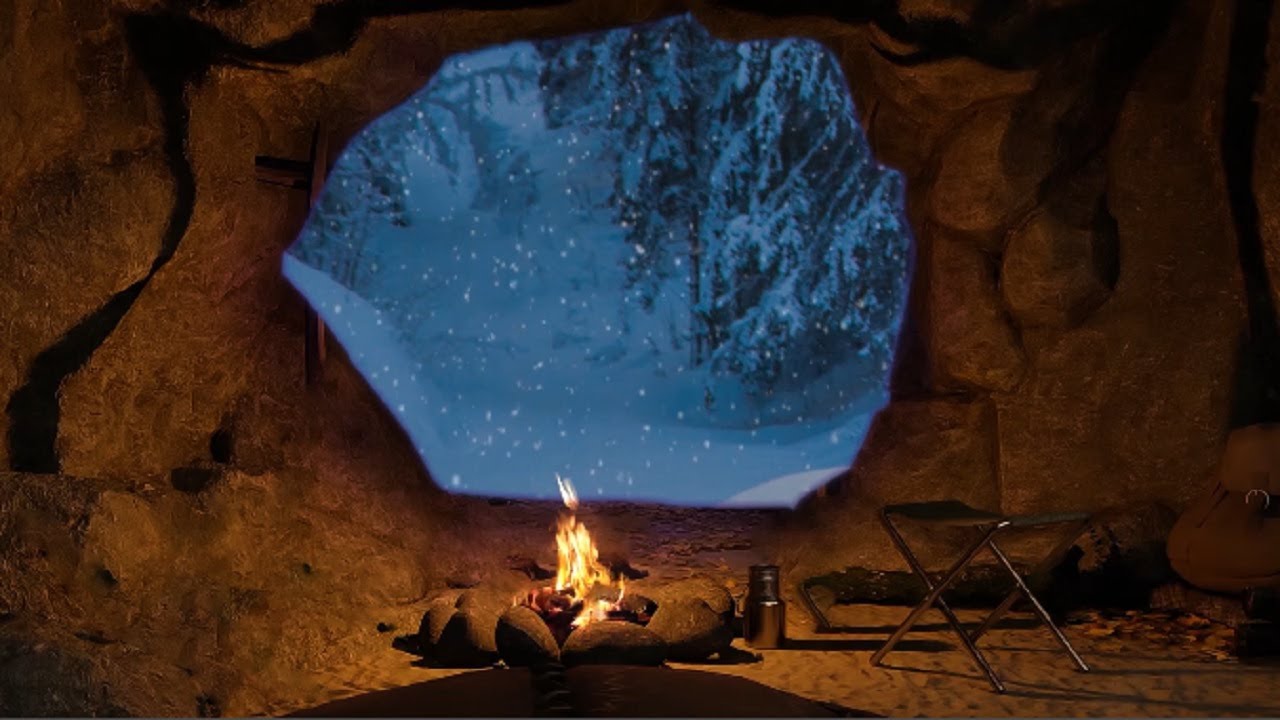 Cozy cave with snowfall and crackling fire sounds to fall asleep ...