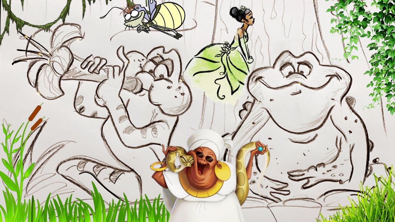Tianas Bayou Adventure Character Drawing | Animatronics Mayra & Mondo ...