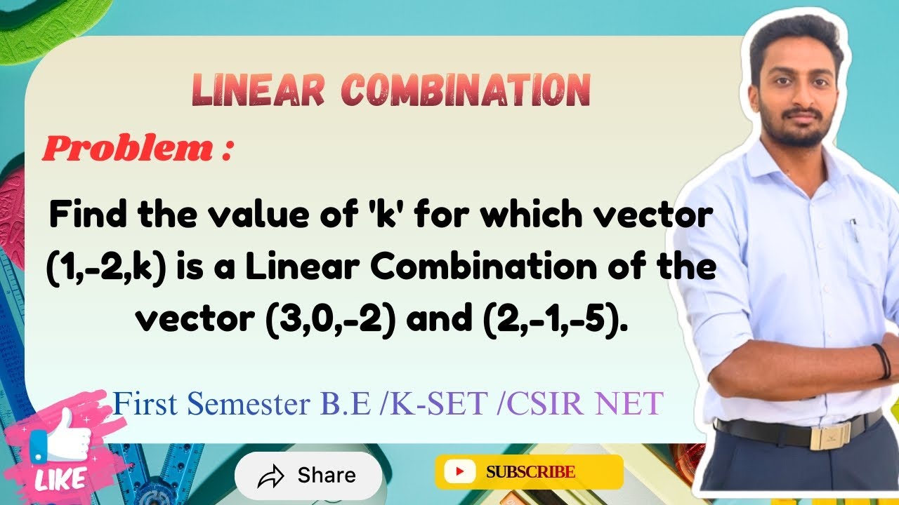 Find the value of 'k' for vector(1,-2,k)is a Linear Combination of the ...