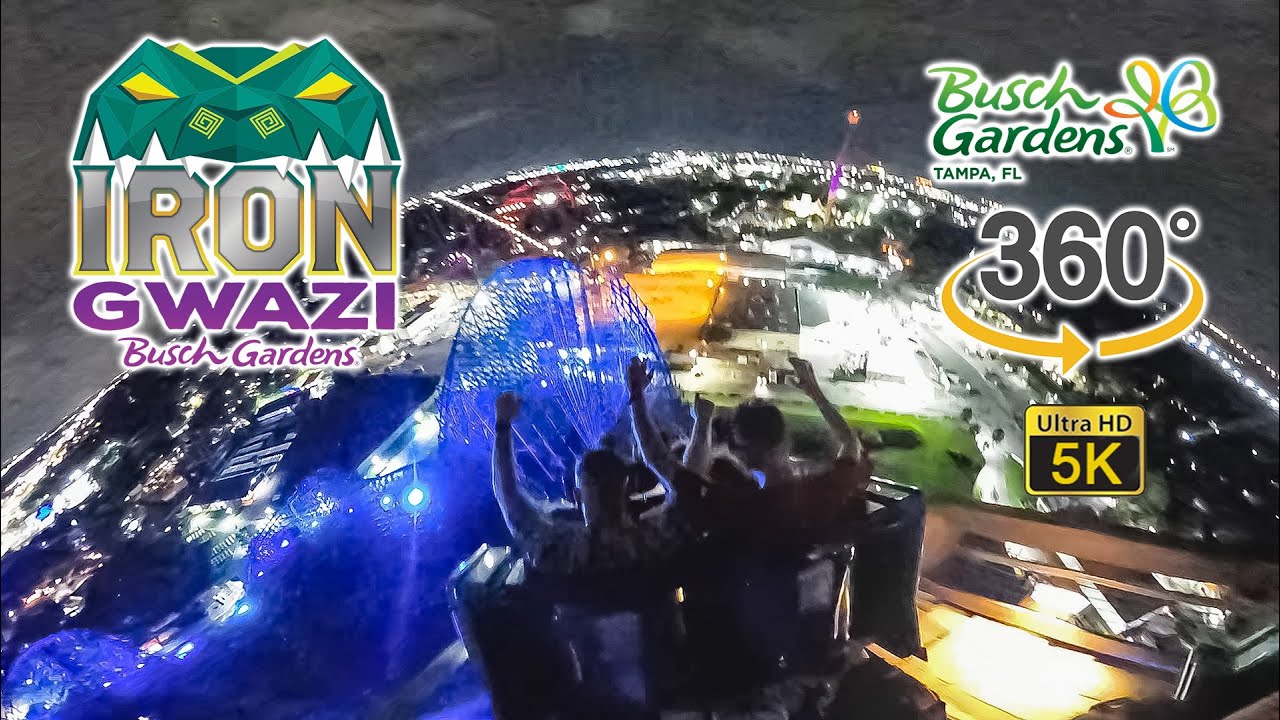 VR 360 5K Iron Gwazi Roller Coaster at Night On Ride POV Busch Gardens ...