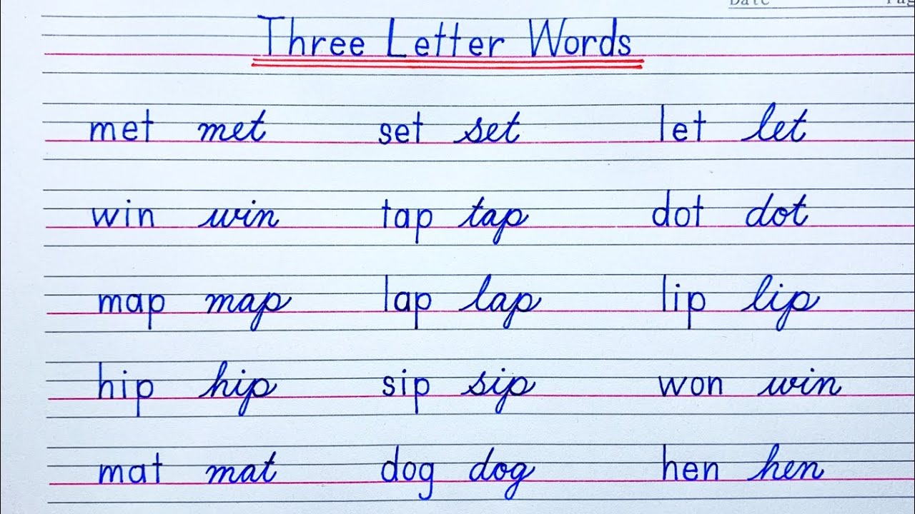 Three letter words in English cursive handwriting and Print Handwriting ...