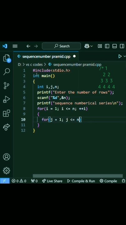 C++ programme to make a numbberical pramid in normal sequence(1,2 2,3 3 ...