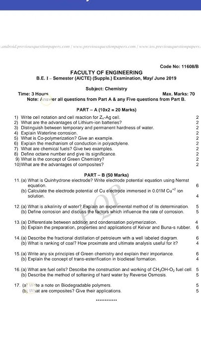 b.E 1 semester chemistry question paper important questions pepar ...