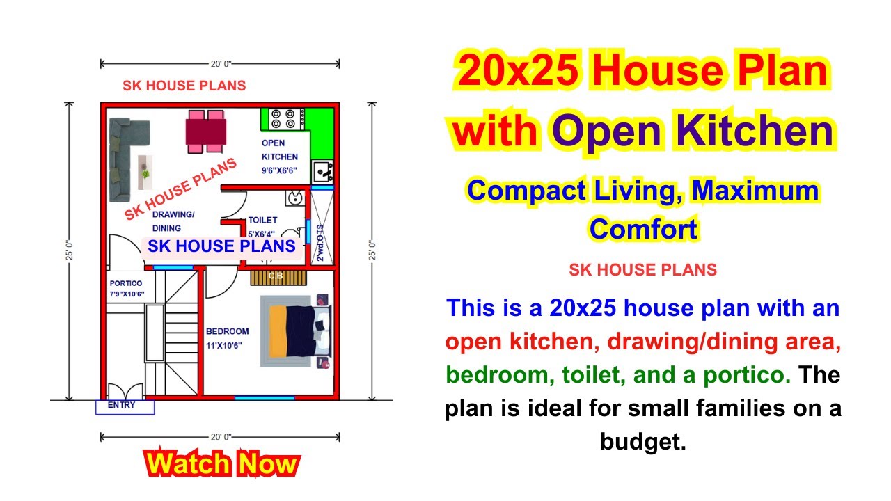 20x25 House Plan with Open Kitchen | Compact Living Design 500 Sqft ...