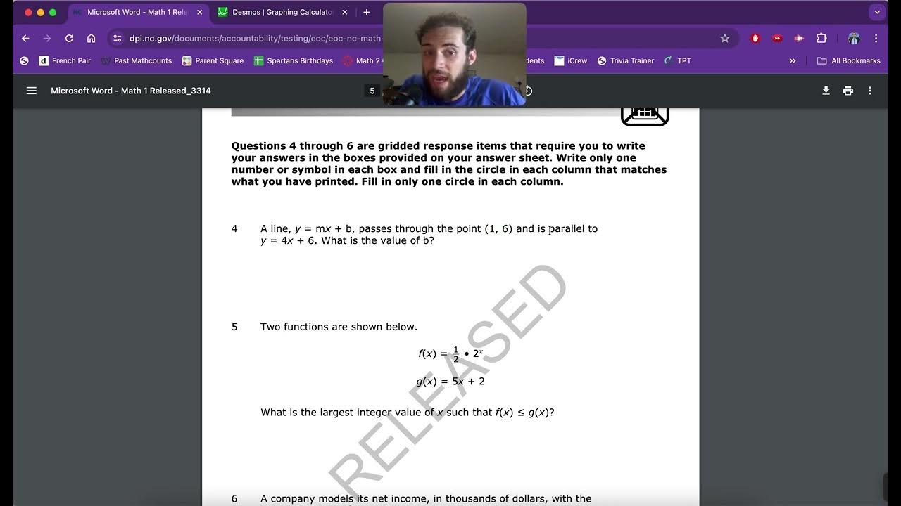Math 1 EOC Released Form Solutions - YouTube