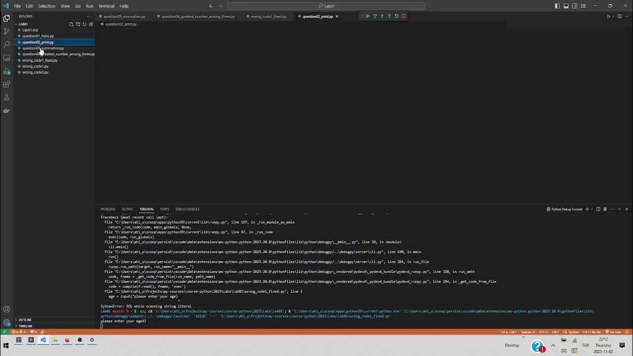 Programming in python Lab01 2023 10 07 question05 simple error1 - YouTube