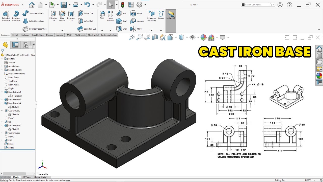 SolidWorks 3D Modeling: Cast Iron Base with Ribs and Fillets - YouTube