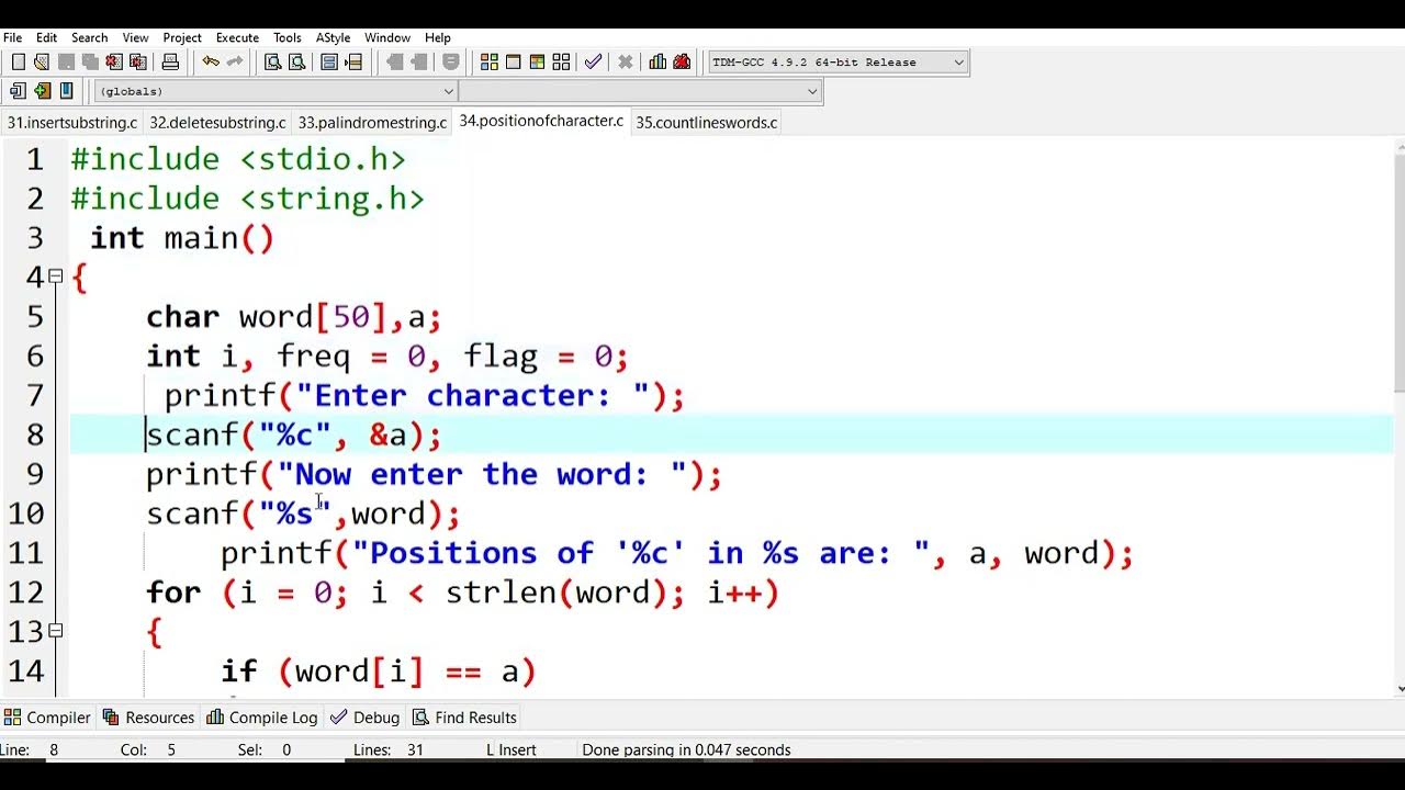 34. C program to find the position & frequency of a character in a given string | C Language Lab ...